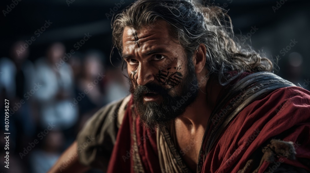 Toga-clad warrior in sparring match robe mirroring intensity of combat ...