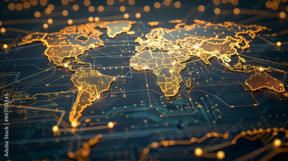 A detailed map of the world depicted on an electronic circuit board ...