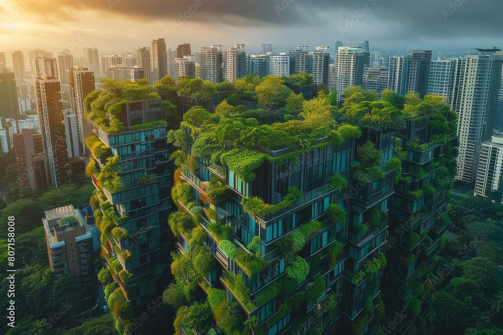 Modern cityscape showcasing buildings with lush green roof systems for ...