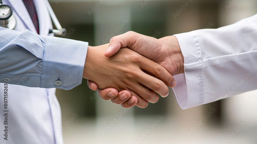 Two doctors shaking hands. Scene is professional and friendly. The ...
