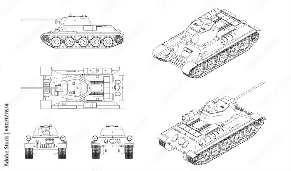 Soviet medium tank during World War II. Tank blueprint. Coloring page ...