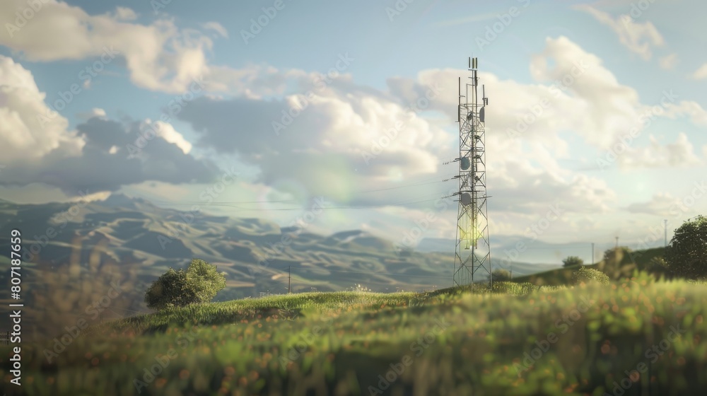 Close-up of a signal tower in a rural landscape, bridging the digital ...