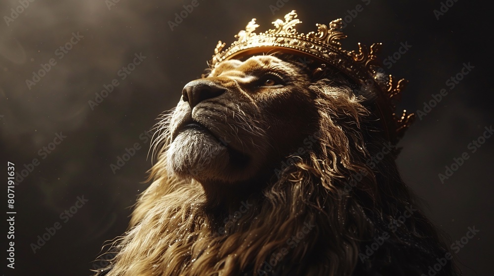 Lion king enthroned on throne with crown and rod of power, majestic ...
