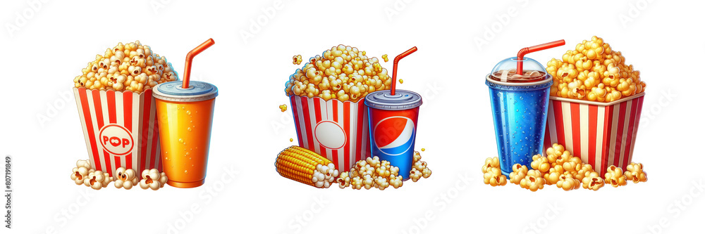 Set of Illustration of popcorn and soft drink clipart, isolated over on ...