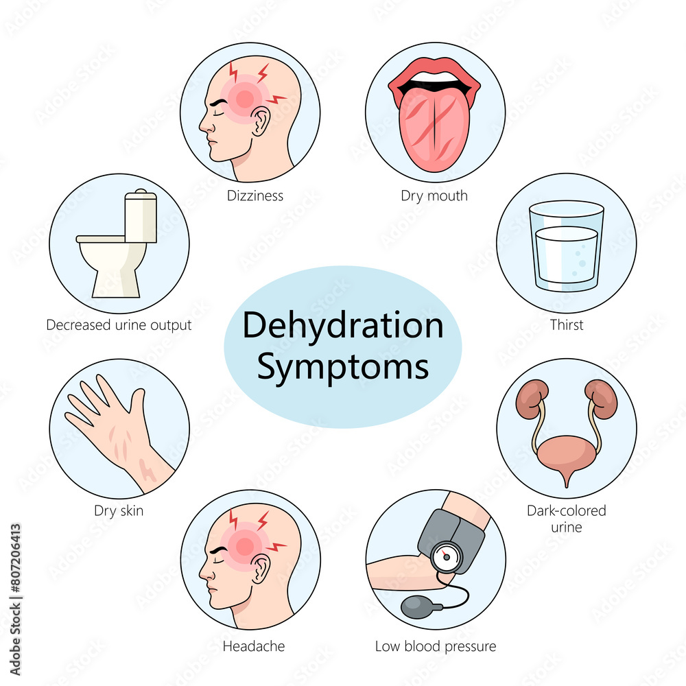 common symptoms of dehydration including dizziness, dry mouth, and thirst diagram hand drawn ...