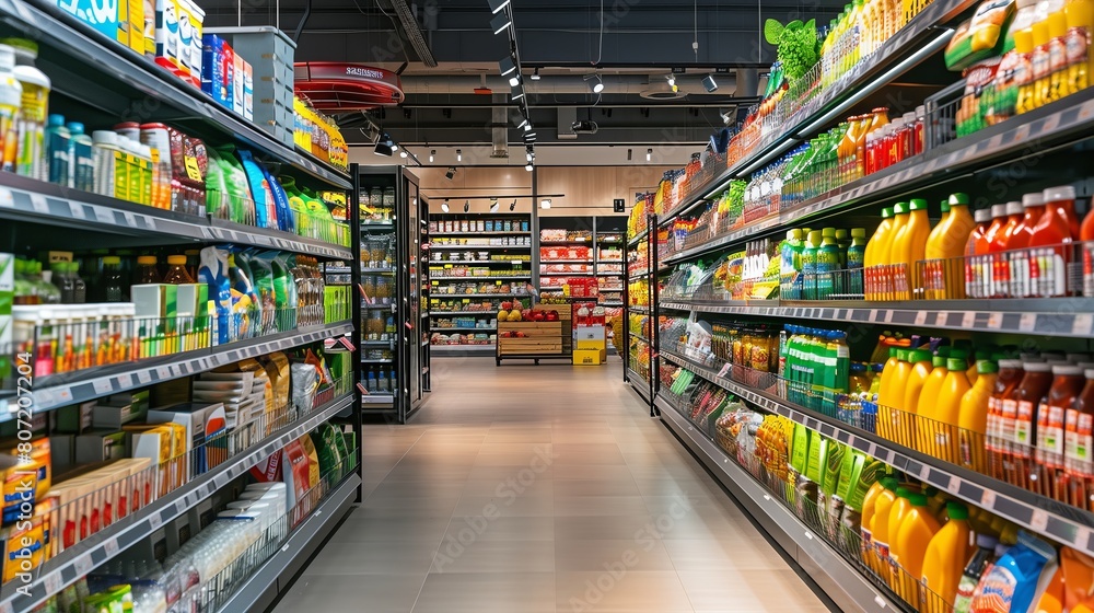A supermarket with lots of goods on the shelves Stock Photo | Adobe Stock