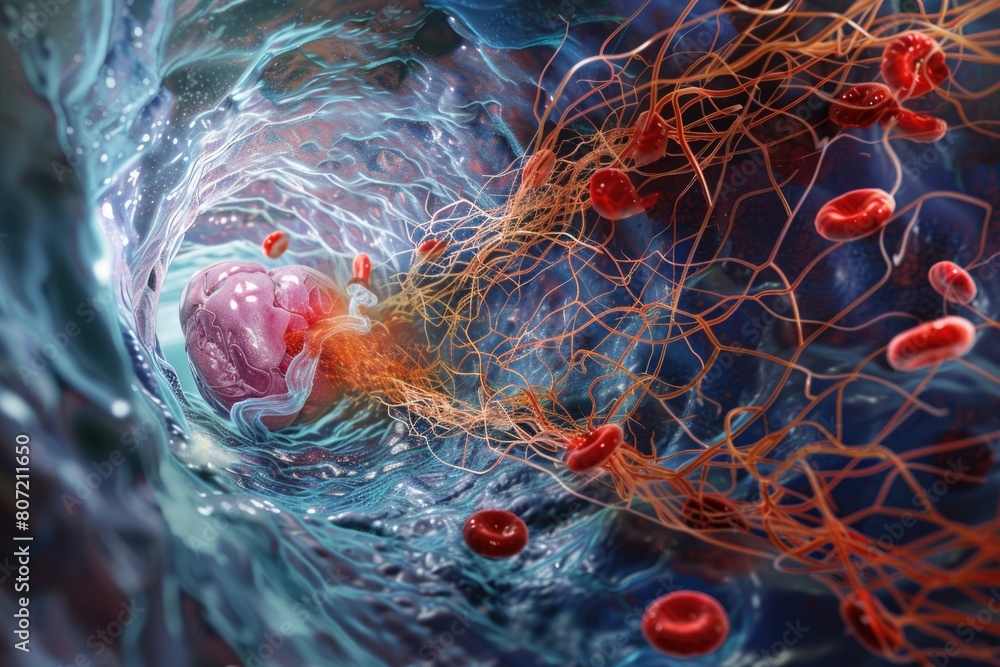 Detailed illustration of human vein thrombosis with visible coagulated ...