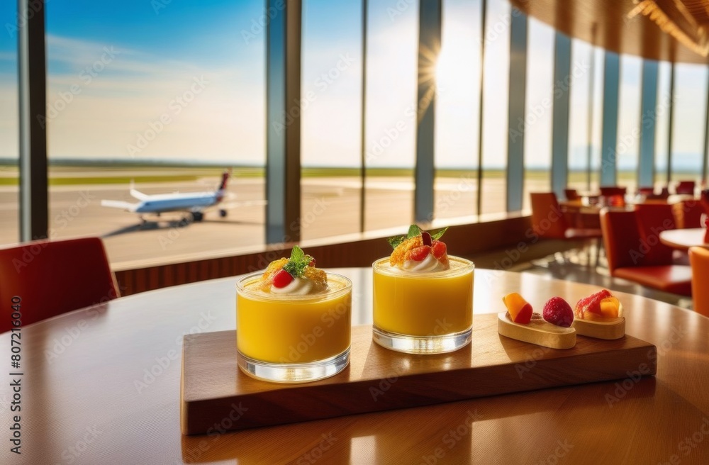 Tables in the coffee shop of the airport terminal with sweets, fruits ...