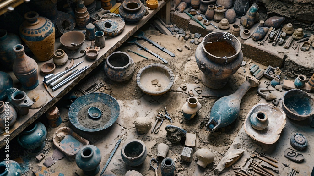 Archaeological dig site revealing the tomb of Tutankhamun, tools and ...