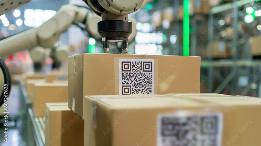 Against the backdrop of a modern distribution center, robotic arms ...