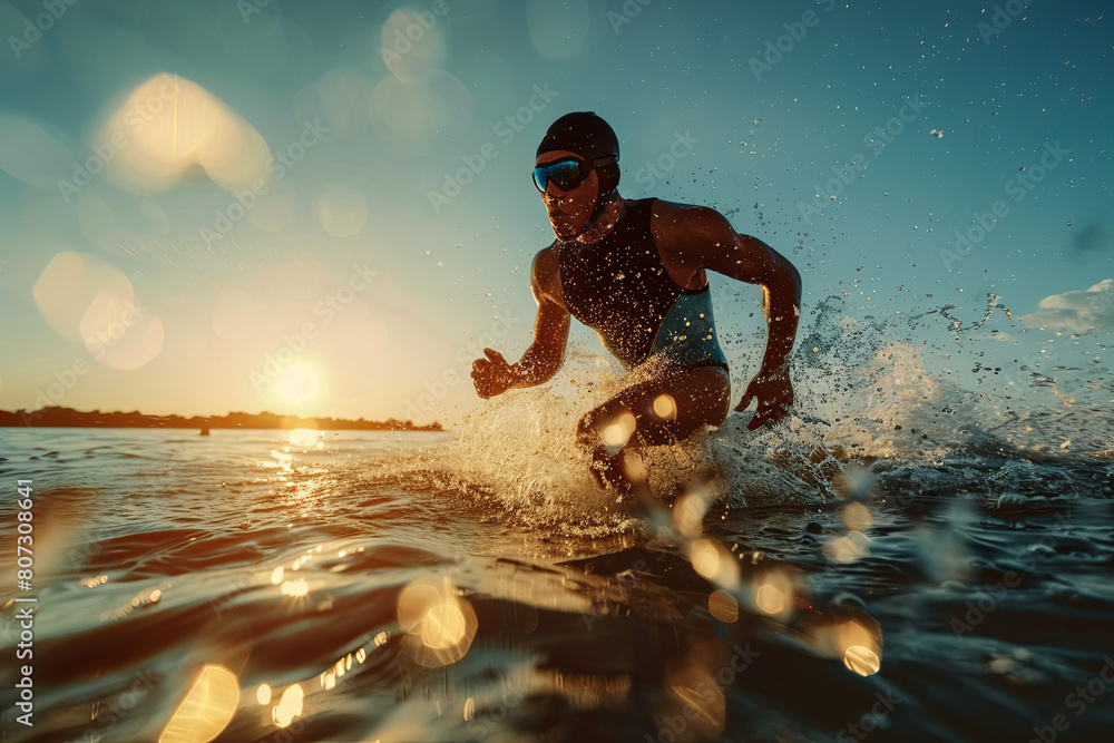 Triathlon swimming man running out of water during ironman race. Male ...