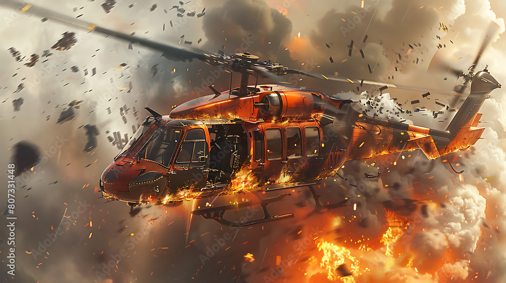 a dramatic scene of a damaged helicopter surrounded by flames and ...