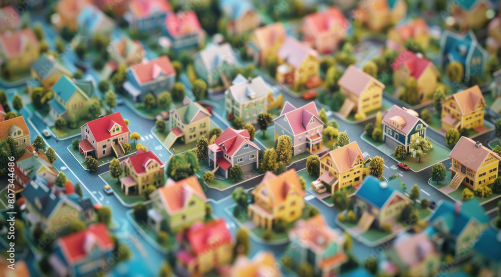 Miniature city with houses and trees. Top view. Modern suburban ...
