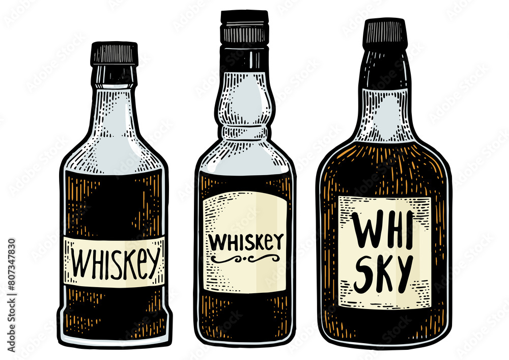 Whisky whiskey bottles flasks sketch engraving PNG illustration. T ...