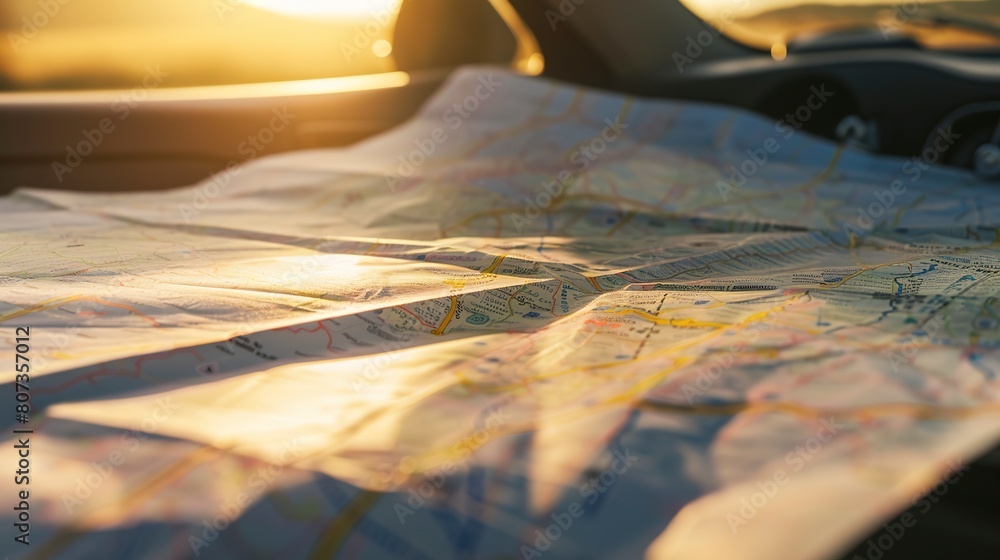 Road trip map sprawled on car hood, close-up, scenic routes and stops ...
