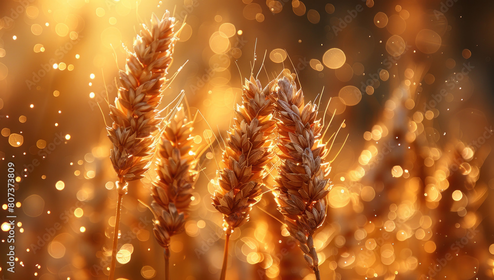 Wheat ears golden background with bokeh and sun rays. Ripe wheat in countryside farm. Sunrise ...