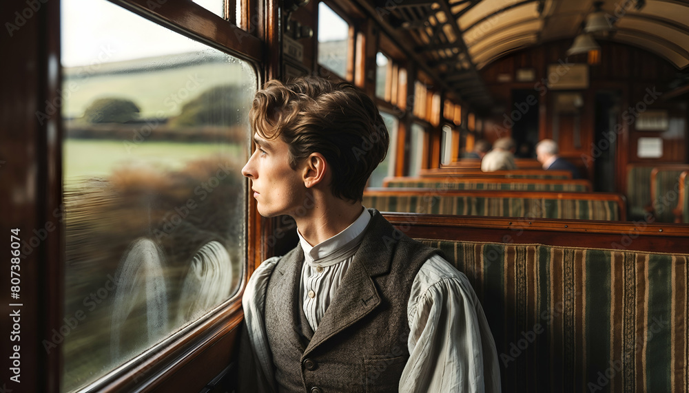 Passenger in Early 20th-Century Attire Looking Out Window of Steam ...