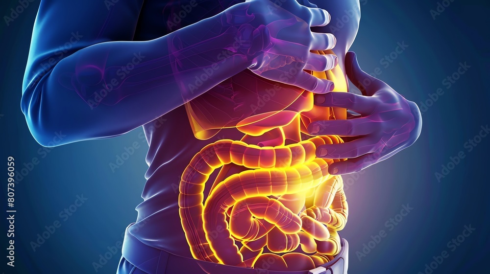 A 3D medical illustration of the digestive system. The small intestine ...