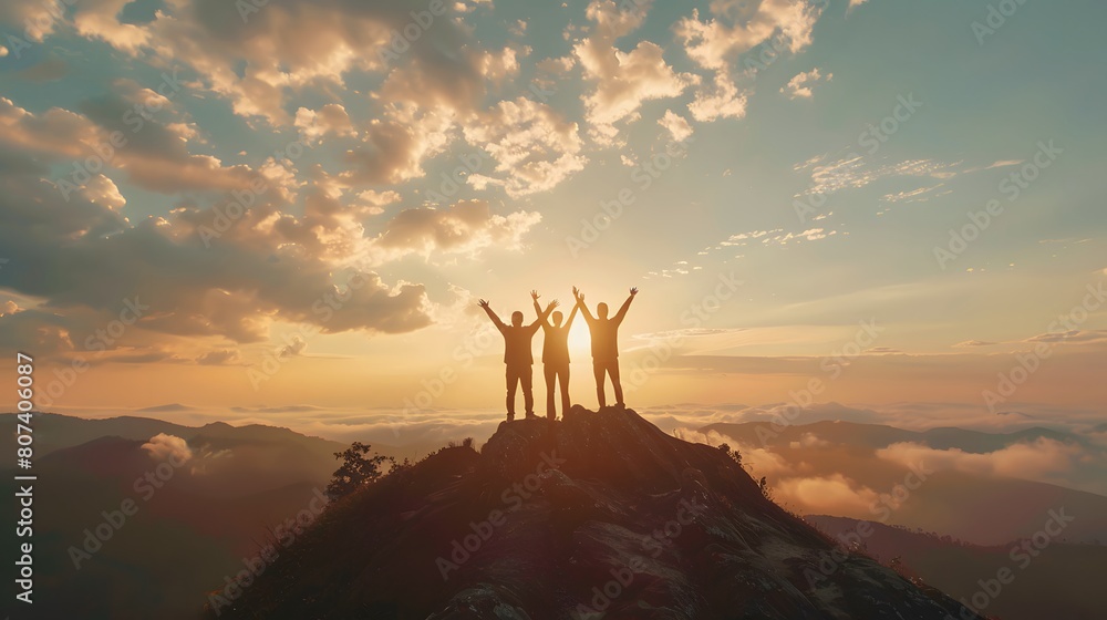 Together overcoming obstacles with three people holding hands up in the ...