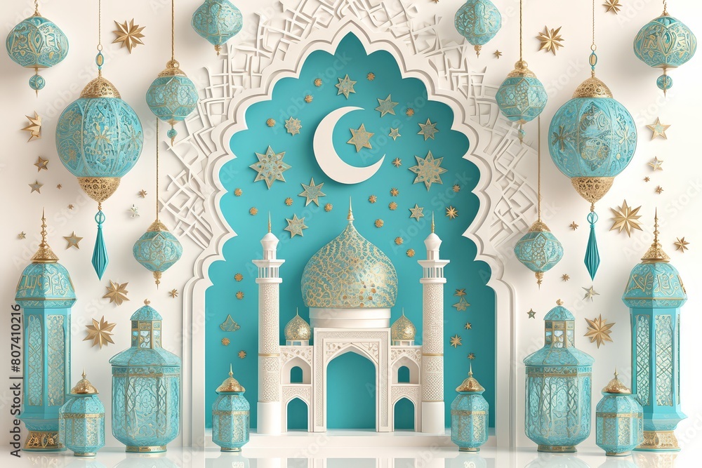 Islamic background with a mosque and lanterns, crescent moon and ...