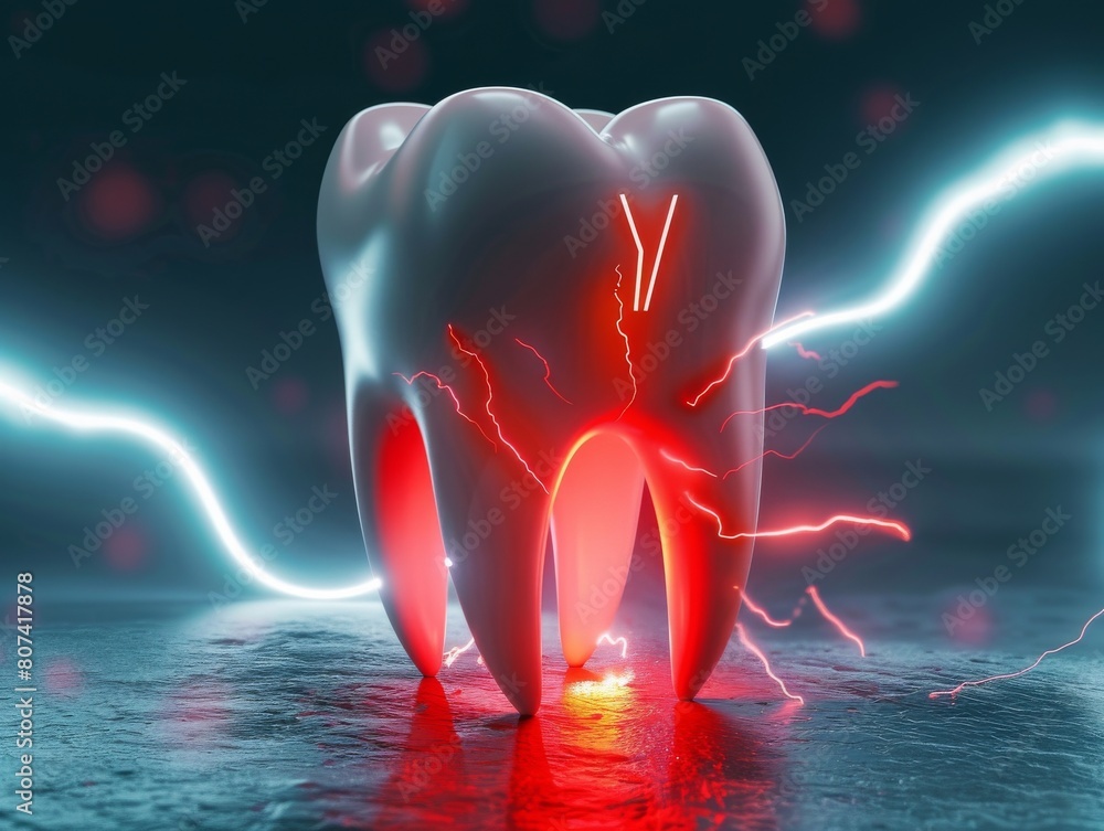 3D illustration of pain in the jaw, toothache with lightning on dark ...