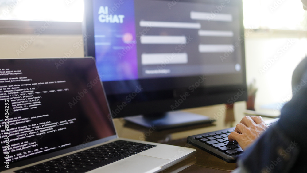 AI chatbot: Programmer using artificial intelligence for software development inside office ...