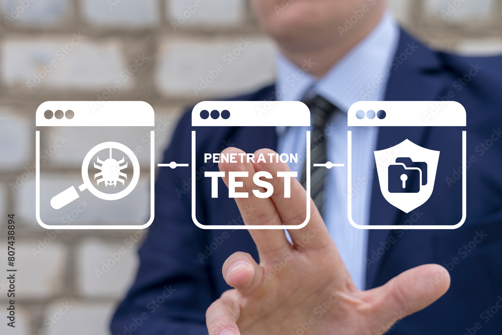 Young business man working on virtual touch screen presses inscription ...