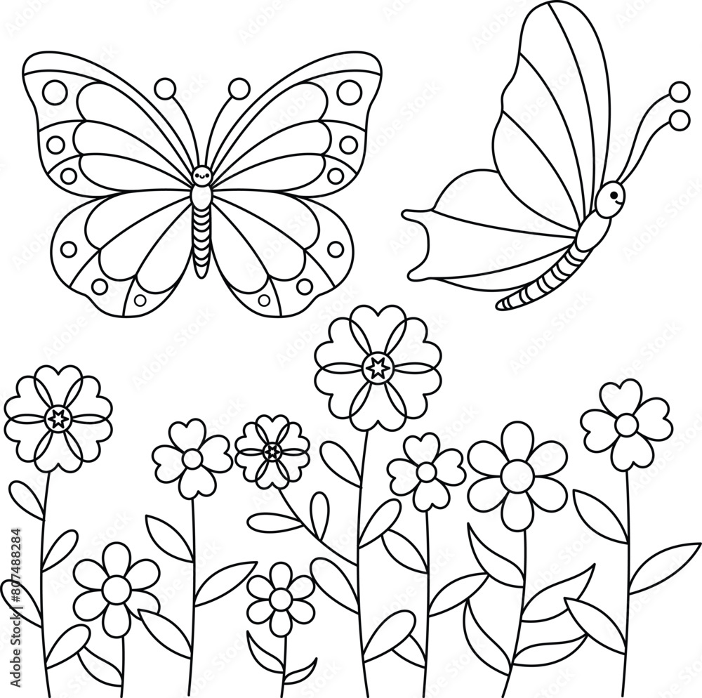 Cute kawaii butterflies cartoon character coloring page vector ...