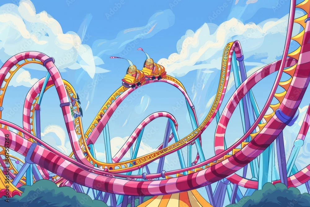 Cartoon cute doodles of a thrilling roller coaster twisting and turning ...