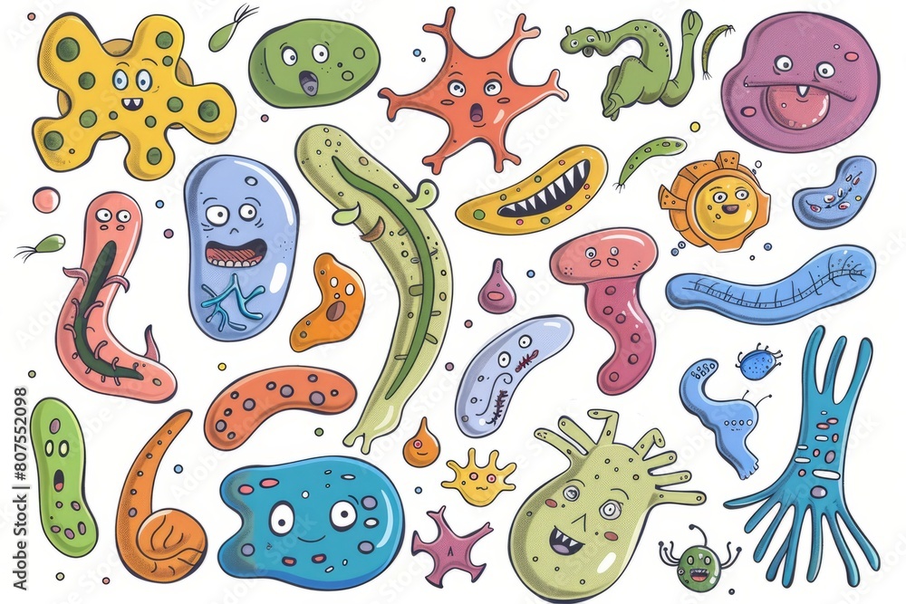 Cartoon cute doodles of microscopic amoebas extending their pseudopods ...
