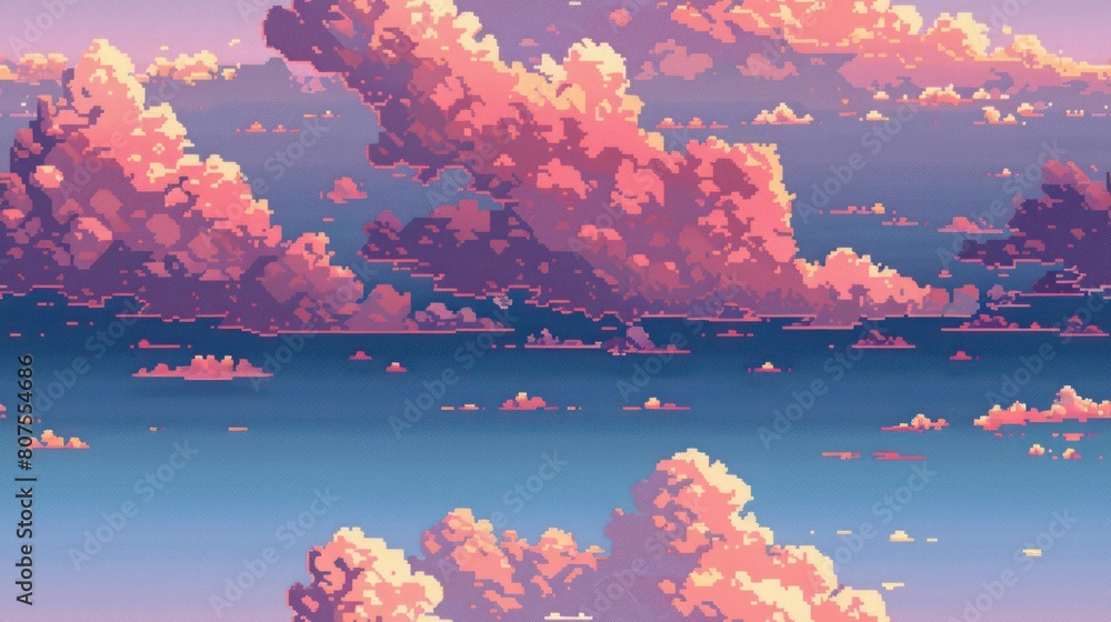 pixelated sky filled with pixelated clouds, creating a nostalgic and ...
