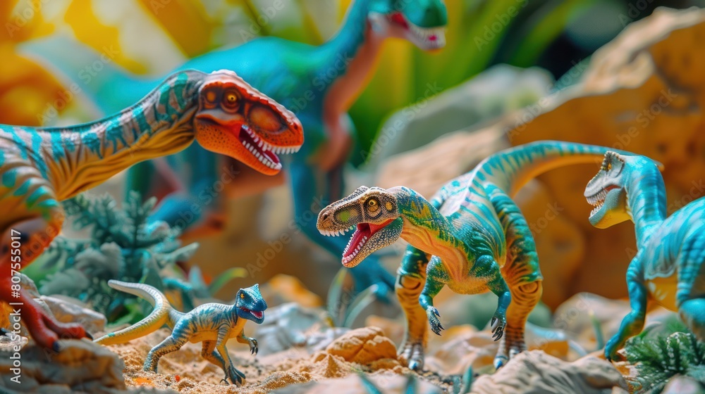 plastic dinosaurs emerging from a prehistoric sandbox, their vibrant ...