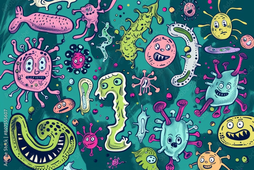 Cartoon cute doodles of microscopic amoebas extending their pseudopods ...