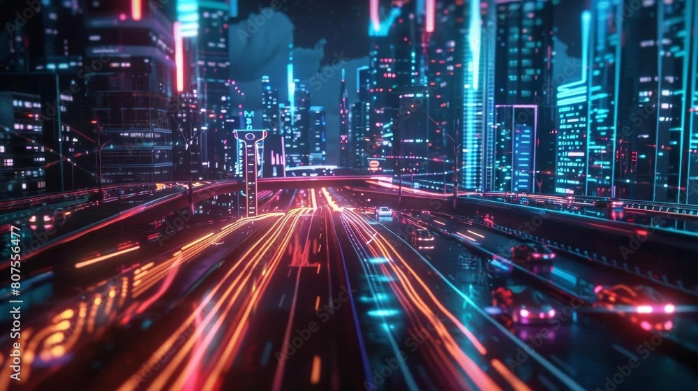 Visualization of data traffic in a digital city, with neon lights ...