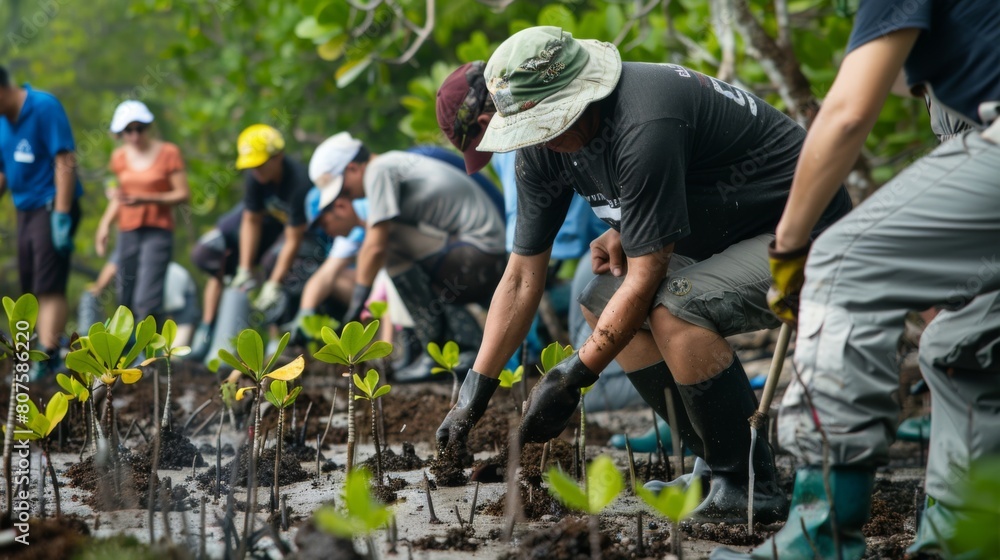 Reforestation Efforts, Volunteers planting mangrove trees ...