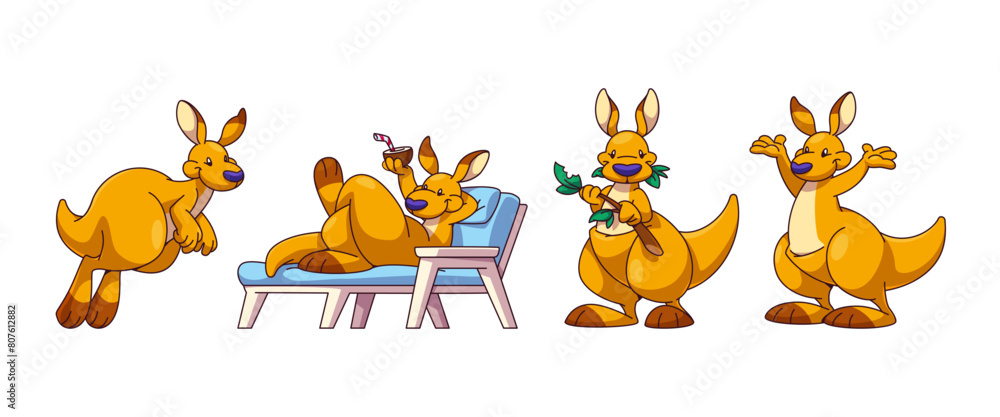 Cute kangaroo animals set isolated on white background. Vector cartoon ...