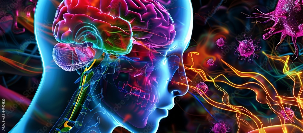Colorful digital visualization showing the human brain and nervous ...
