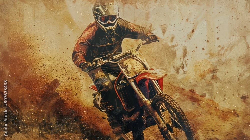 motocross race captured in a retro style, reminiscent of vintage action ...