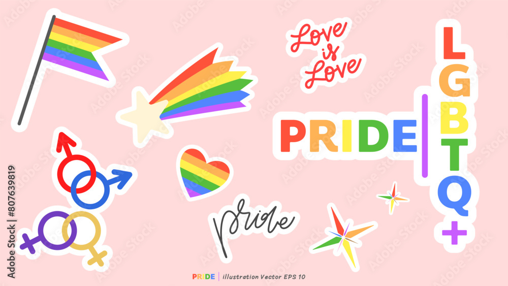 Pride month stickers set on pink background, LGBT flat style symbols ...