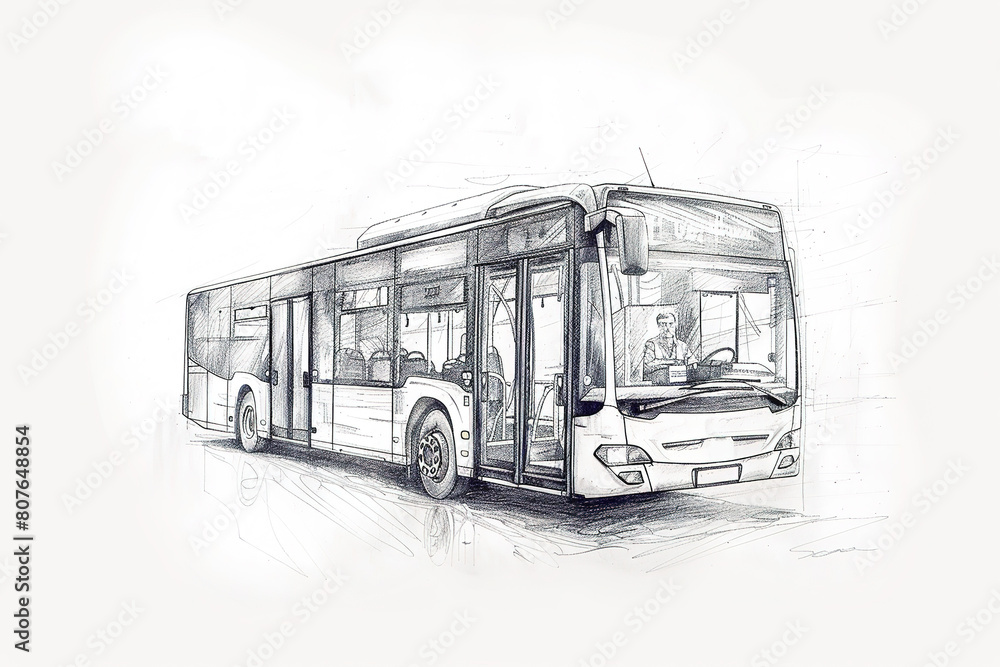 Pencil sketch of a city bus with visible details and perspective. Stock ...