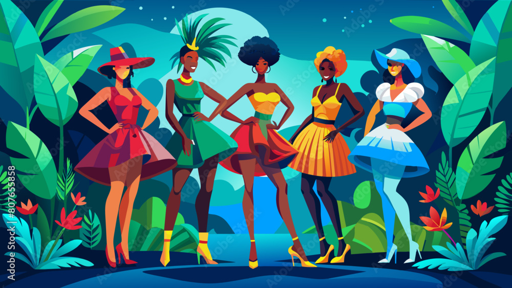 Group photo, Five full-length skinny female models posing. The whole ...