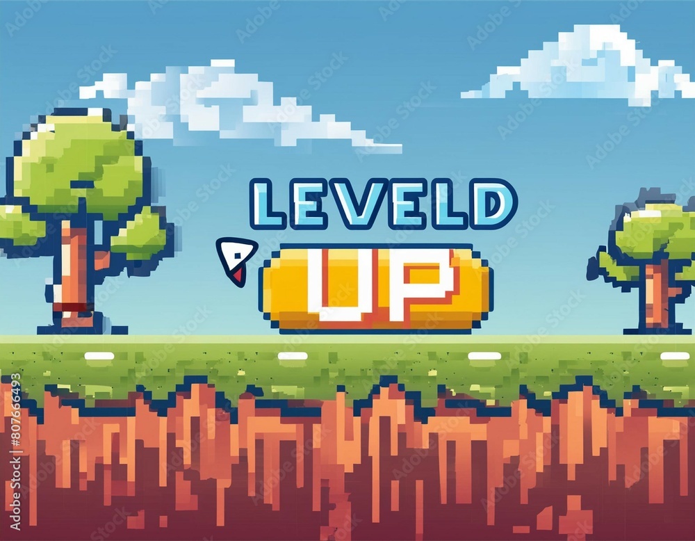 Pixel art game background with button level up. Game design concept in retro style. illustration ...