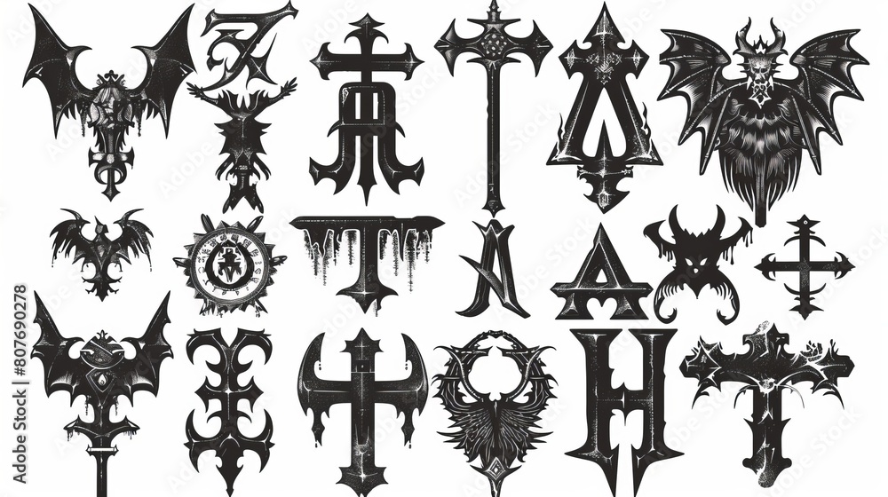 Illustration of a medieval Gothic font in black and white capital ...