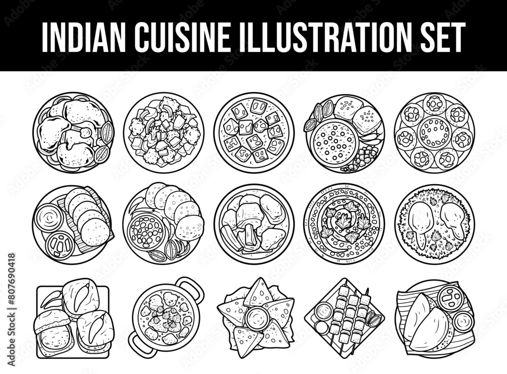 Indian cuisine vector outline illustration set Stock Vector | Adobe Stock