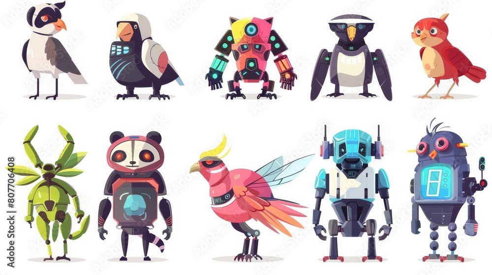 A set of robot animals, futuristic cyborgs birds such as magpies and ...