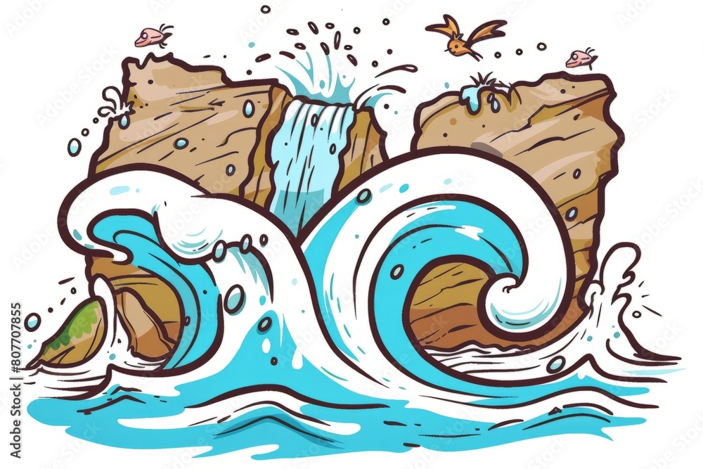 Cartoon cute doodles of towering cliffs being shaped by the relentless ...