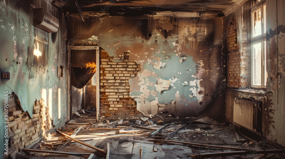 An eerie, abandoned room with peeling paint and a half-collapsed ceiling revealing brick walls ...