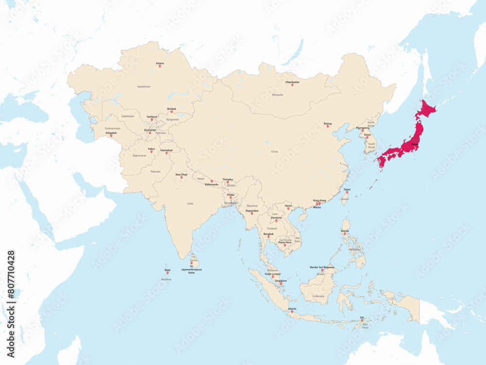Highlighted red map of JAPAN inside light red detailed political map of ...