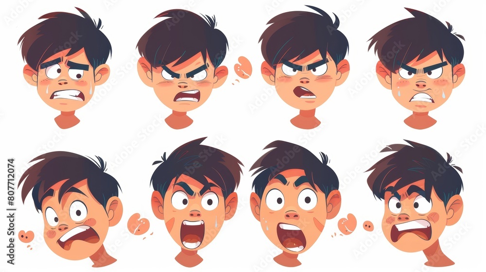 Animated kid mouth with different facial expressions. Little Asian boy ...