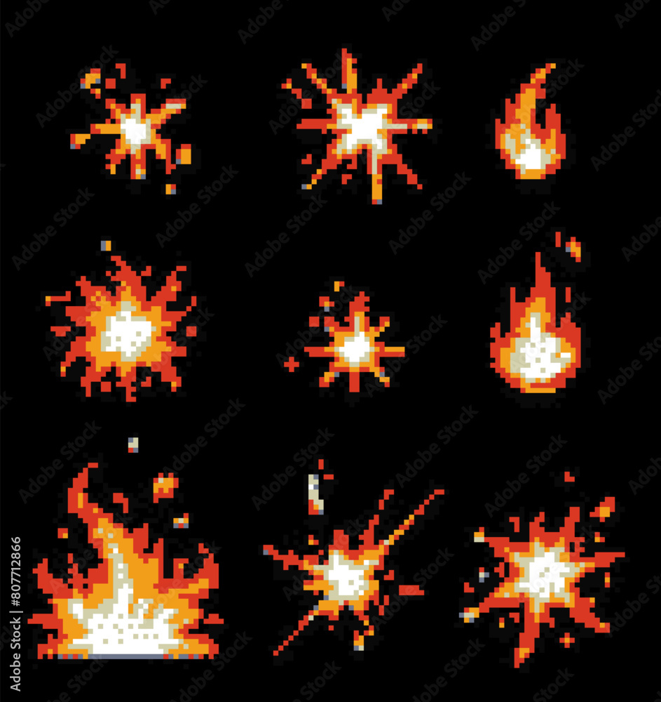 Pixel art 8 bit fire flames and explosion flashes , isolated on black ...